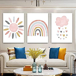Nicjoy Pink Cloud Sun Rainbow Poster Nursery Wall Art Print Child Canvas Painting Nordic Pictures Kids Room Home Decor 3Psc/set (8x12inchx3(20x30cmx3),No Frame)