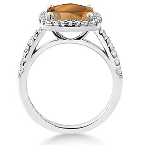 Gem Stone King 2.50 Ct Cushion Brown Tiger Eye White Created Sapphire 925 Sterling Silver Ring (Size 7)