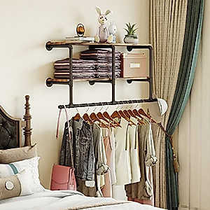 MAIKAILUN Wall Mounted Clothes Rack with Shelf, 52" Long Industrial Pipe Clothing Rack with 2 Tier MDF Shelves Heavy Duty Iron Garment Rack Bar,Retail Display Clothes Rod for Clothes,Laundry Room