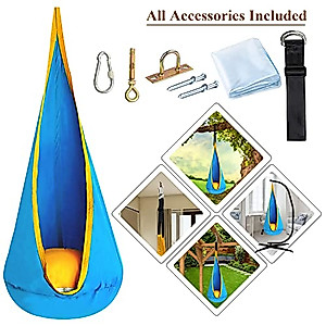 C-CHAIN Swing Pod Chair for Kids, Cotton Hammock Chair with Durable Air Cushion, Child Swing Seat Nest with Adjustable Rope, All Accessories Included (Blue)