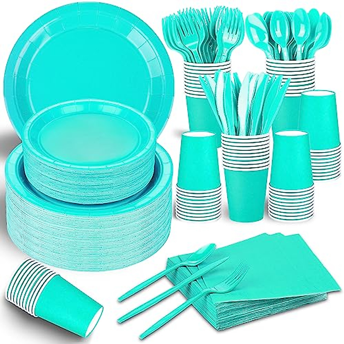 TWOWYHI 228PCS Teal Blue Party Supplies Set Include Paper Plates Cups Teal Blue Napkins Plastic Spoons Forks Knives for 30 Guests Disposable Party Dinnerware for Birthday Wedding Family Picnic