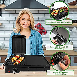NutriChef 2-in-1 Panini Press Grill Gourmet Sandwich Maker & Griddle, Nonstick Coating, Temperature Control, Oil Tray, Countertop Removable Drip Tray 1500W - NutriChef