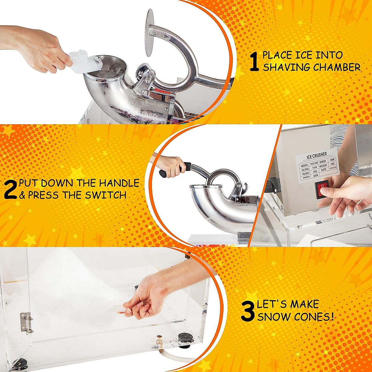 VNN 48L Snow Cone Machine, 500LB/H Commercial Shaved Ice Machine, 300W Electric Ice Shaver Machine, Suitable for Party Activities, Family Gatherings, Events