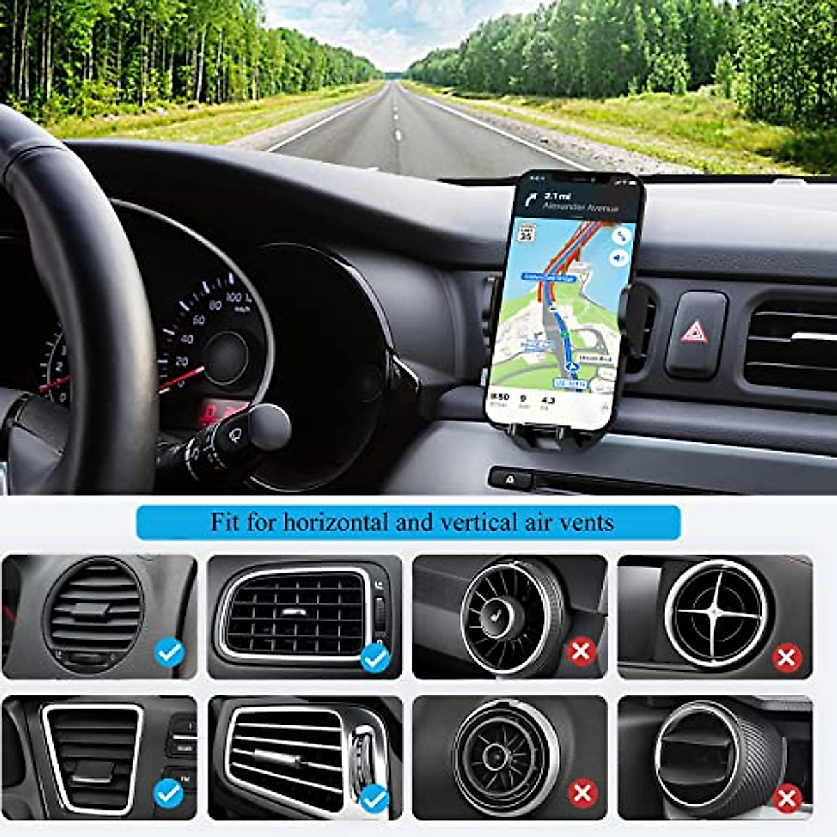 Air Vent Phone Mount for Car, Car Phone Holder Mount Hands Free Clamp Cradle Vehicle Compatible for All Smartphone from 4 to 7 inches, Universal Cell Phone Holder Car 360° Adjustable