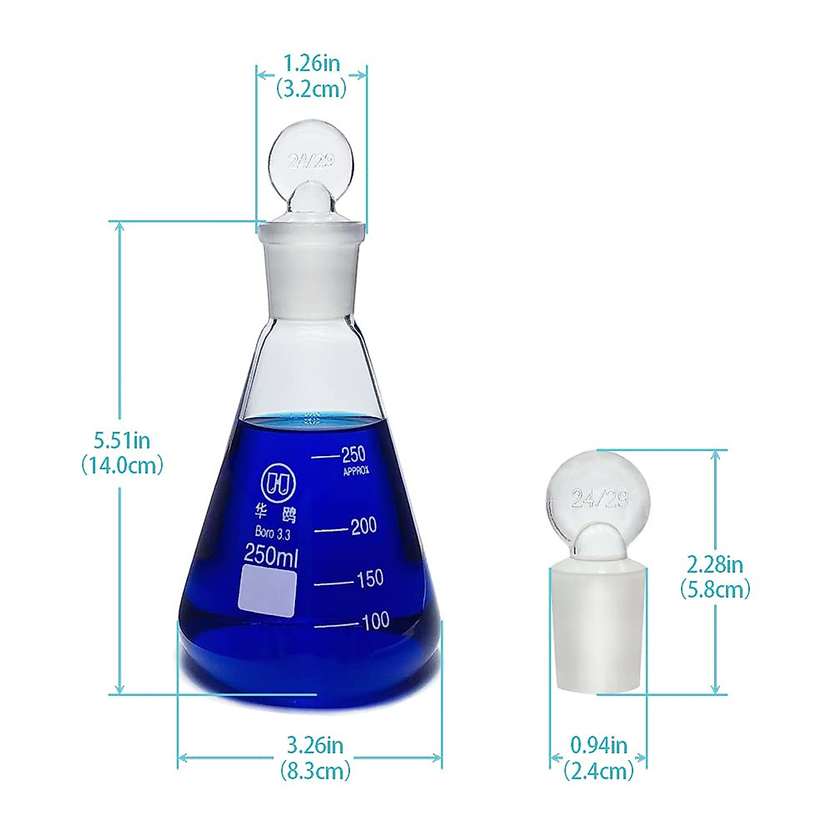 HUAOU 250ml Glass Erlenmeyer Flask Set, 3pcs Laboratory Glassware Flask with Glass Stopper for Chemistry Classroom Home Use, 3.3 Borosilicate Labware Science Flask, Narrow Mouth, Printed Graduation