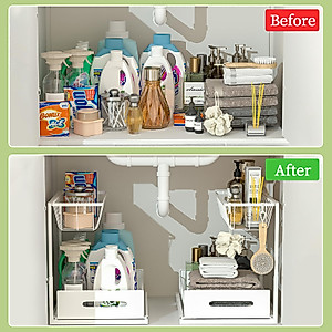 XUNAXI Under Sink Organizer, Metal Pull Out Under Cabinet Organizer and Storage Slide Out Sink Shelf with Hooks 2 Tier Under Sink Organizers and Storage for Kitchen Bathroom Pantry, 1 Pack White