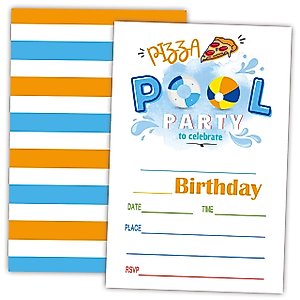 AWSICE Pizza Pool Party Birthday Invitations, Summer Double-Sided Fill-In Invite Cards For Birthday Party, 20 Invitations With Envelopes, Decorations,Party Favor And Supply-A37