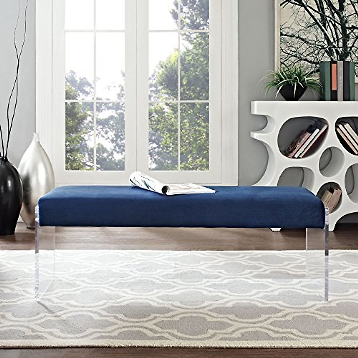 Modway Roam Modern Upholstered Bench With Acrylic Base In Navy Velvet