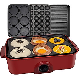 HeHoGoGo 3 in 1 Multifunctional Electric Griddle Electric Skillet Nonstick Baking Maker with 3 Interchangeable Pan Takoyaki Maker Cake Pop Maker Pancake Maker Red