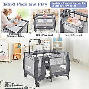 INFANS 3 in 1 Pack and Play, Portable Travel Baby Crib Bassinet with Detachable Mattress, Newborn Changing Table, Foldable Playpen with Carry Bag and 2 Wheels (Classic)