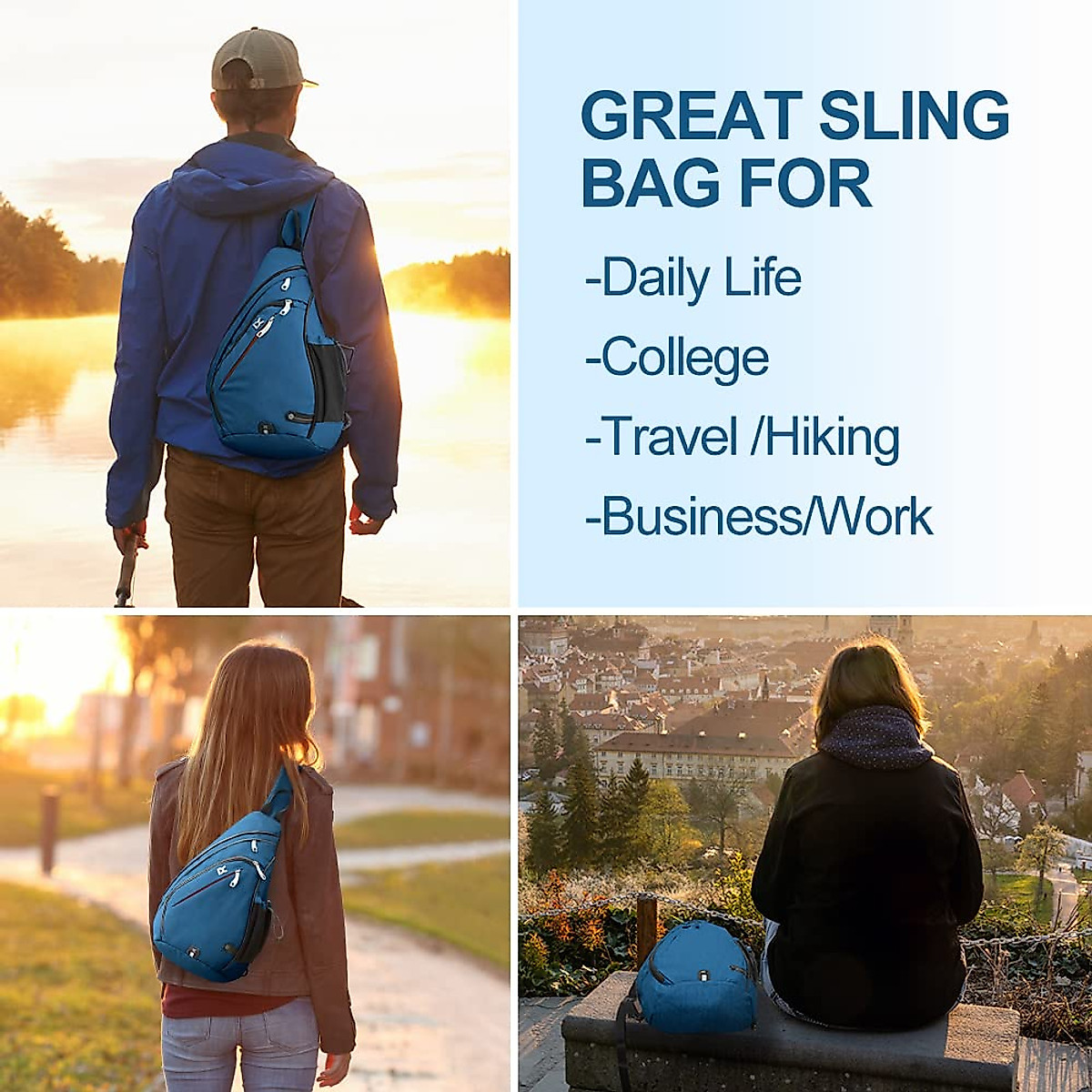 INOXTO Sling Bag, Multipurpose Crossbody Shoulder Bag for Men and Women, Chest Bag Crossbody Daypack for Hiking, Pickleball Bag with Water Bottle Holder for Tennis, Pickleball Racket (Black)