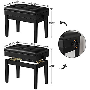 HOOBRO Adjustable Piano Bench with Padded Cushion and Storage Compartment for Music Sheet, Holds up to 300 lb, Music Bench, Piano Stool, Vanity Chair, 21.9 x 13.4 x 18.9 Inches, Black BB31QD01