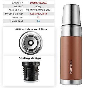Murmioo travel vacuum flask，stainless steel insulated bottle, built-in cap cup, cold for 24 hours, heat for 12 hours, BPA Free leak proof, sweat free 17oz/500ml Brown