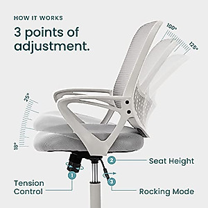 SMUG Mid Back Ergonomic Office Mesh Computer Desk Lumbar Support Armrest, Executive Height Adjustable Swivel Task Chair for Women Adults, Grey