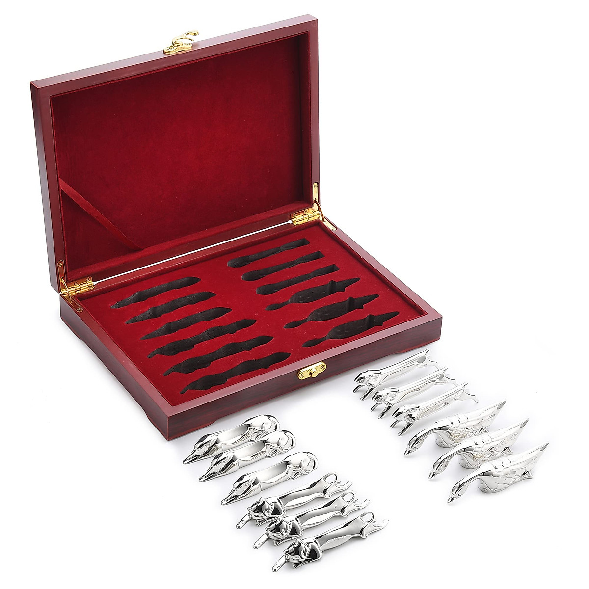 Silver Knife Rest Set ‘Animali d’Europa’ Cutlery Rest Set with Dark Wood Gift Box (Set of 12 Silverware Rests)