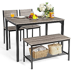 Giantex Dining Table Set for 4, Kitchen Table with Bench and Chairs, Industrial Gathering Bench Dining Set W/Metal Frame & Storage Rack, Dinette Set, Modern Functional Desk Set (Black Oak)