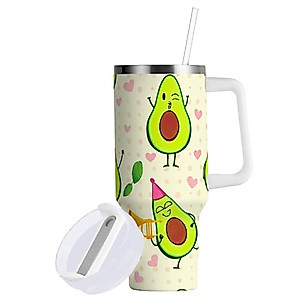 Cute Avocado Beige Insulated Stainless Steel Tumblers with Handle and Straw Lid for Water, Tumbler Insulated 30 OZ / 0.89 L