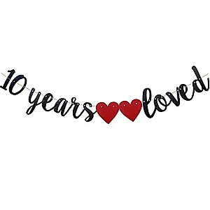 10 Years Loved Banner,Pre-Strung, Black Paper Glitter Party Decorations for 10TH Birthday Decorations 10TH Wedding Anniversary Day Party Supplies Letters Black ZHAOFEIHN