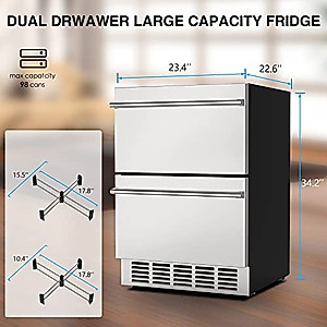 24 Inch Under Counter Double Drawer Fridge, Indoor and Outdoor Beverage Refrigerator, Weather Proof Stainless Steel Beverage Fridge for Home & Commercial Use, Built-in and Freestanding (Foam Door)