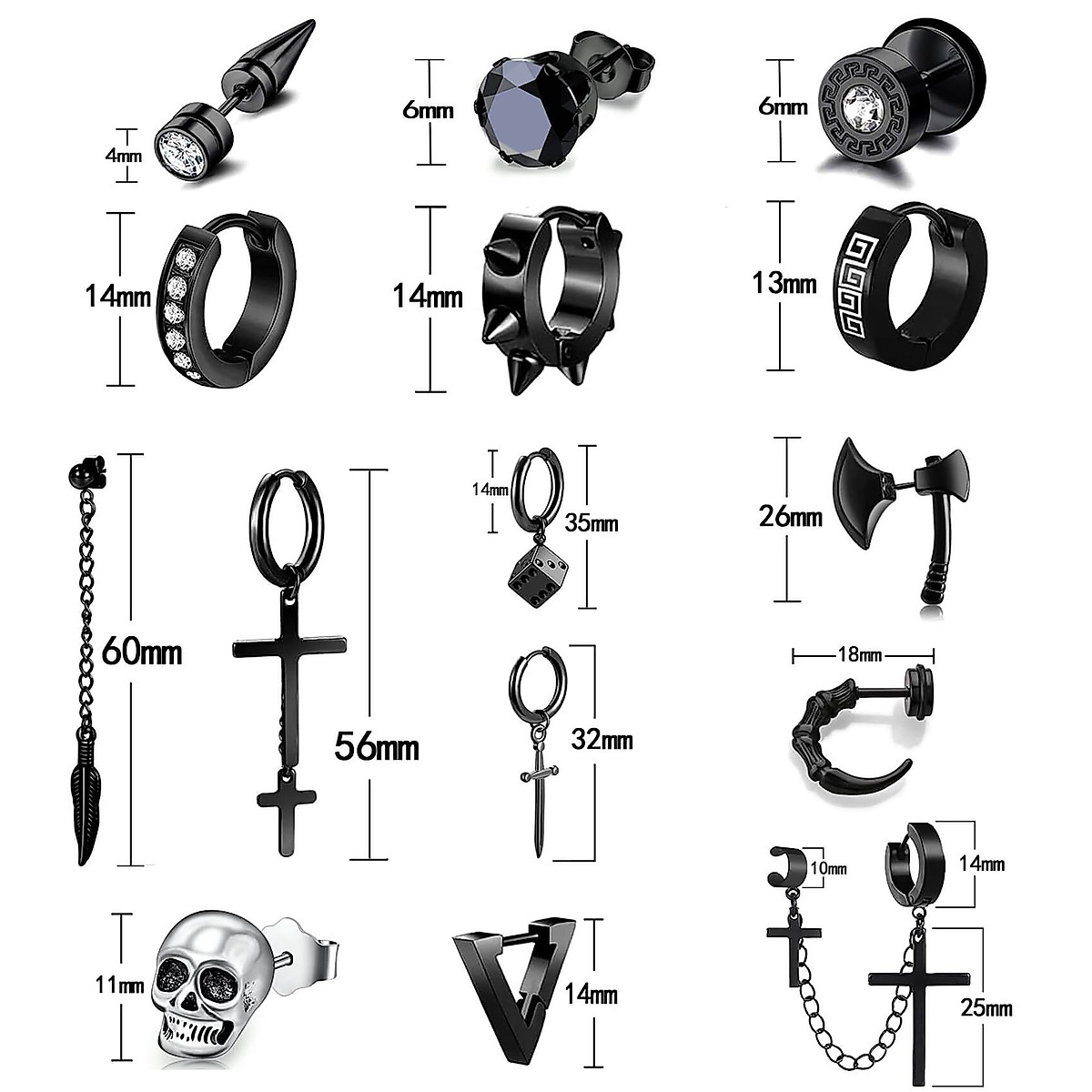 15 Pairs Earrings for Men, Fashion Earrings Kit for Men and Women Made of Stainless Steel Variety of Styles Such as Hoops, Studs, Cross Earrings Fashion Huggie for Party Birthday Prom Christmas