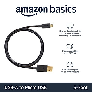 Amazon Basics USB-A to Micro USB Fast Charging Cable, 480Mbps Transfer Speed with Gold-Plated Plugs, USB 2.0, 3 Foot, Black