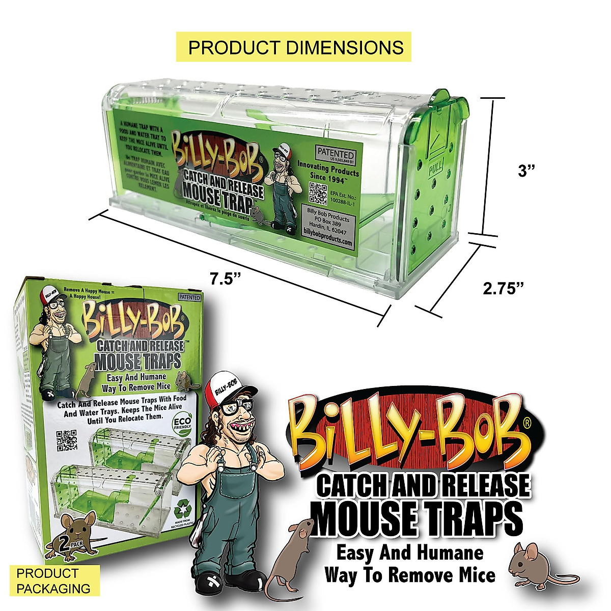 Billy Bob 2 pk Catch and Release Mouse Trap. Patented. Easy and Humane Way to Remove Mice. Effective no-Kill Mouse Trap.