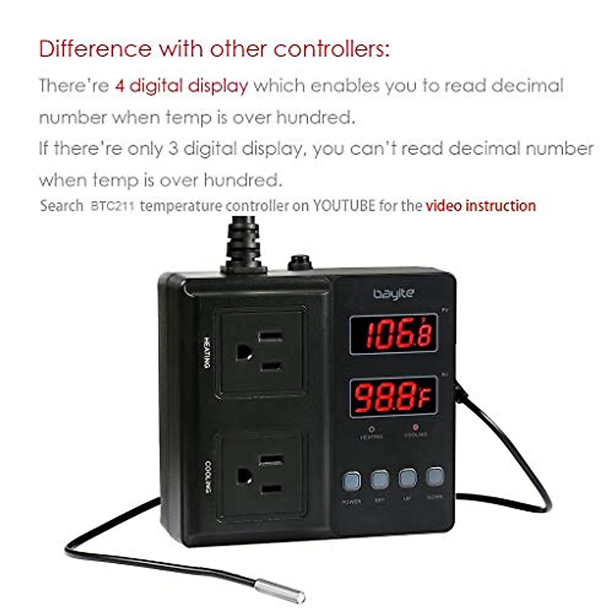bayite Temperature Controller 1650W 15A BTC211 Dual Digital Outlet Thermostat Plug, Pre-Wired, 2 Stage Heating and Cooling Mode, 110V - 240V, Fermentation BBQ Reptile Aquarium