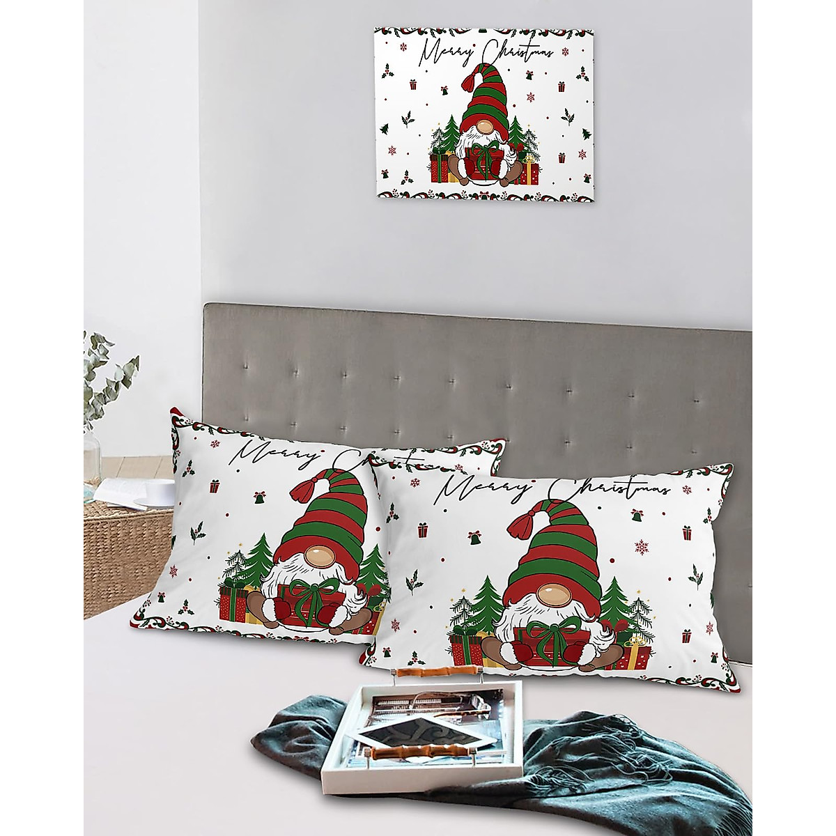 Edwiinsa Gnomes Red Pillow Covers Standard Size Set of 2 Bed Pillow, Plush Soft Comfort for Hair/Skin Cooling Pillowcases with Envelop Closure 20x26 Inches Christmas Green Tree Gift Snowflake White