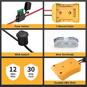 Kzreect Power Wheels Adapter for Dewalt 20V Battery Adapter, 20V Power Wheels Battery Converter Kit with Fuses Holder and Switch, Wire Terminals, 12AWG Wire for RC Car Toys Truck Adapter Set (1 Pack)