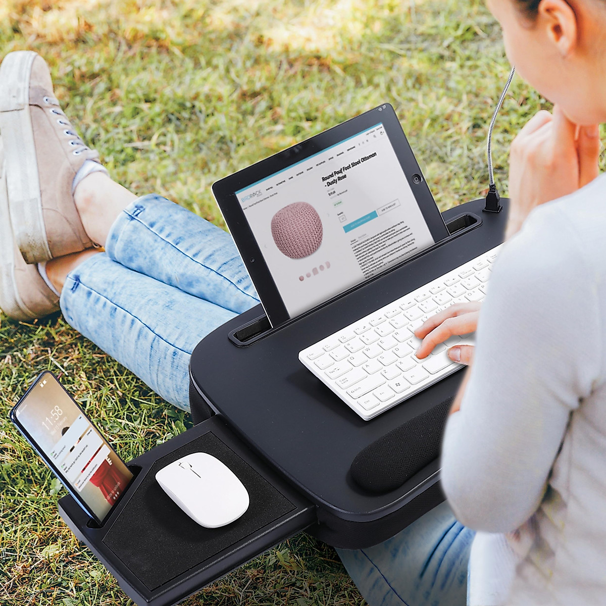 BIRDROCK HOME Multi-Tasking Lap Desk with Memory Foam Cushion | USB Light and Mouse Pad | Fits Laptops Up to 15" | Tablets Up to 9.6" | Smartphones Up to 4" | Black Spackle Top | Home Office