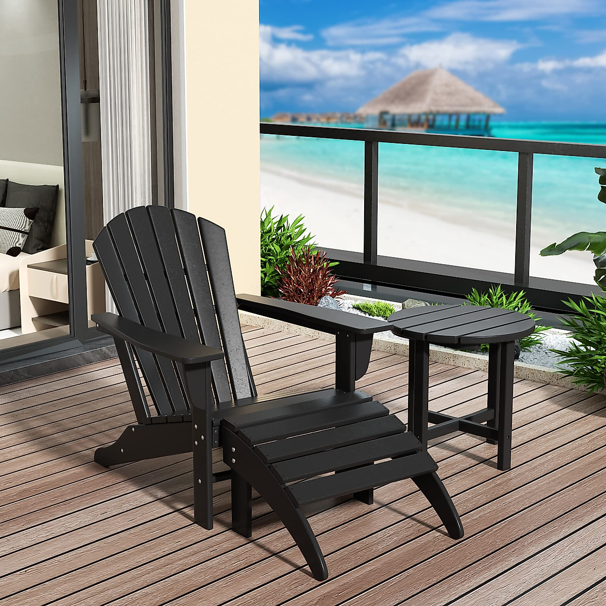 WestinTrends Dylan Outdoor Adirondack Chair with Ottoman and Side Table 5-Piece Set Black