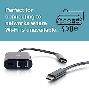 C2G 29749 USB C Adapter and Ethernet Adapter with Power, Black