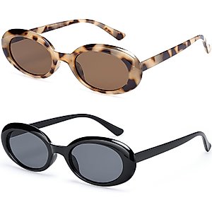 knliwkm 2 Pairs Retro Oval Sunglasses For Women Men Small Face 90s Y2K Glasses Vintage Thin