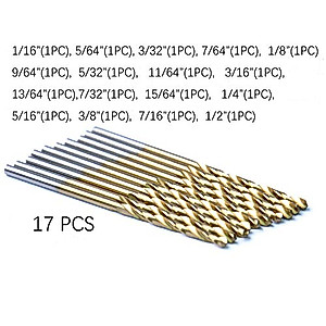 17pcs Titanium Coated Twist Drill Bit Set 1/16" - 1/2" for Metal Steel