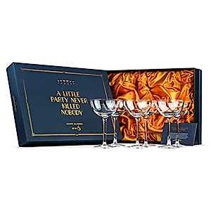 Vintage Crystal Champagne Coupe Glasses | Set of 6 | 4-5 oz Classic Cocktail Glassware - Martini, Manhattan, Cosmopolitan, Sidecar, Daiquiri | 1920s Speakeasy Retro Style Saucers | Storage Box