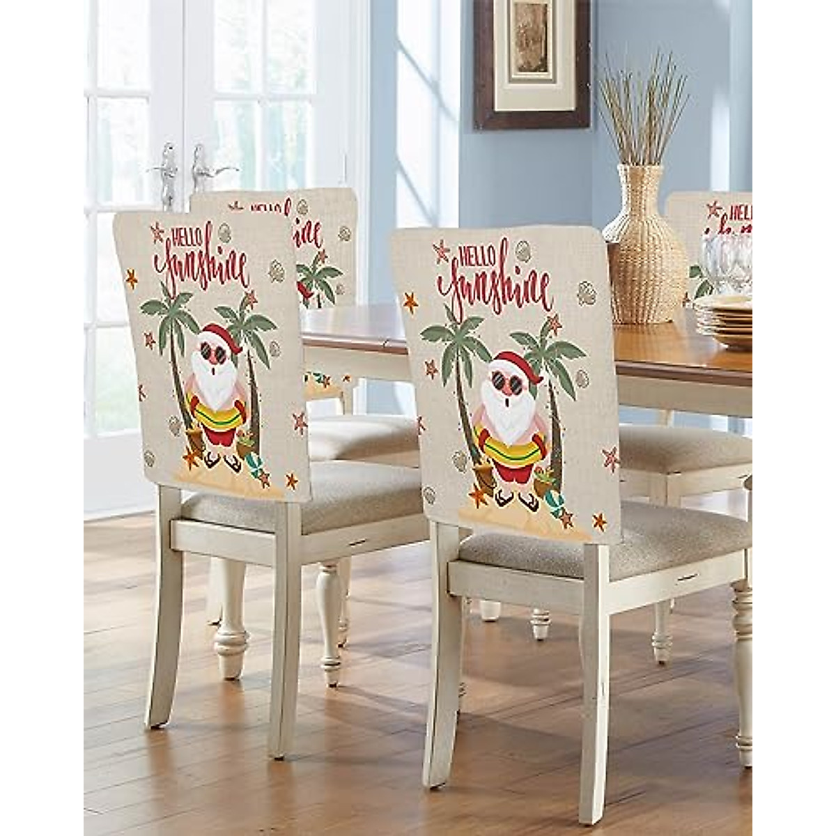 AMZRicher Christmas Chair Back Covers for Dining Chairs 4 Pack, Washable Removable Chair Slipcover Back Chair Protector for Wedding Party Baby Shower Coastal Santa Xmas Beach Starfish Shell