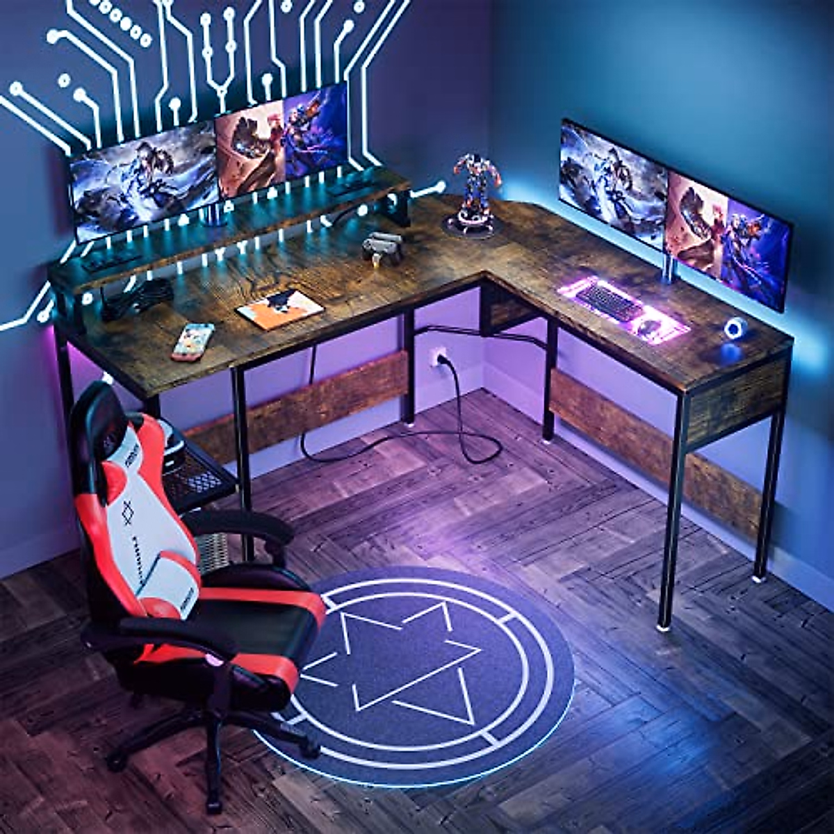 Computer Desk with Power Outlet and Lift Top, 55" L Shaped Gaming Desk, DORPU Corner Desk with Monitor Shelf and USB Port, L Shape Standing Desk Adjustable Sit to Stand Desk with Shelves, Rustic Brown