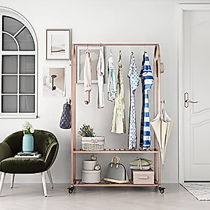 Modern Clothing Rack on Wheels Gold Display Rack with 2-tier Shelf Metal Hanging Rack Gold Clothes Rack for Boutique, Retail or Home -rose gold