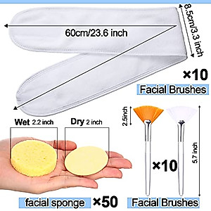 Spa Facial Set: 10 Headbands, 50 Compressed Sponges, 10 Fan Brushes - White Towel Head Wrap for Face Wash, Mask Application, and Makeup Removal