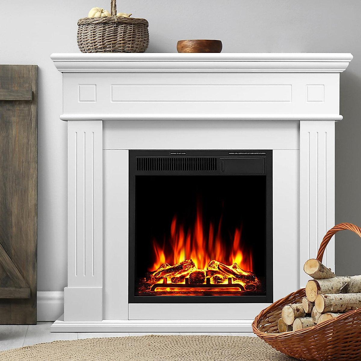 Havato 43" Electric Fireplace with Mantel, Wooden White Fireplace Mantel with Remote Control, Freestanding Fireplace, Handmade Paint Finish Fireplace Mantel, 7Level Adjustable Led 3DFrame, 750W/1500W