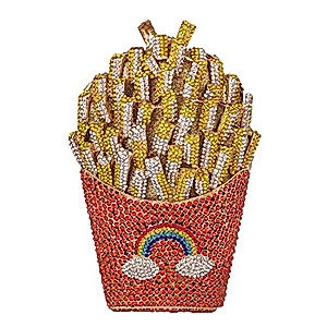Tngan Women French Fries Shape Evening Bag Rainbow Pattern Rhinestone Diamond Clutch Gemstone Metal Handbag, Red 1