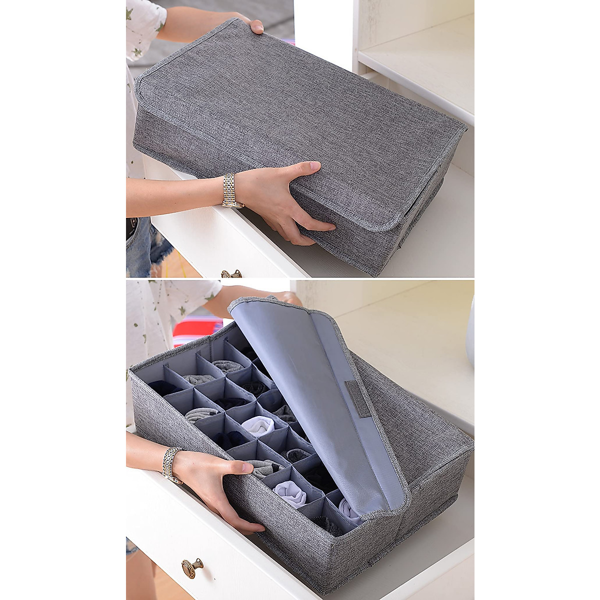 MURRI&MURRDI 2 Packs Sock and Underwear Storage for Closet with Lids,30 Cells Drawer Divider,Linen Cotton Sock Organizer,Foldable Closet Storage Box Bin for Socks, Lingerie, Ties,Scarves (2 Grey)