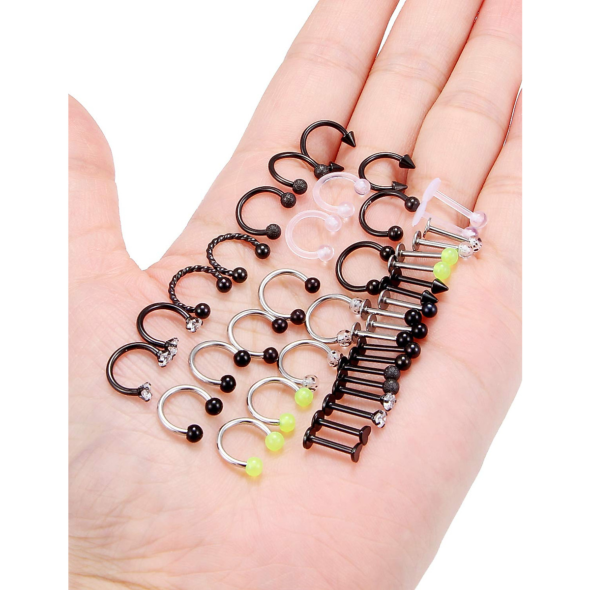 Prjndjw 16g Lip Rings Stainless Steel Horseshoe Labret Monroe Lip Rings Nail Tragus Helix Earrings Studs Ring Medusa Piercing Jewelry 8mm 40 Pcs Glow in the Dark Black