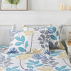 Lemfux Twin Sheet Sets 4Pcs,100% Cotton Palm Leaf Print Plant Luxury White Bed Sheet Sets, Deep Pocket Fitted Sheet Set, Ultra Soft Flat Sheet Set for All-Season Bed Sheets Twin