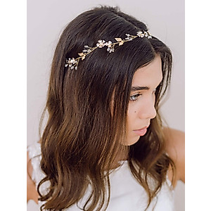 SWEETV Handmade Wedding Headband Flower-Leaf Bridal Headpieces for Wedding Hair Accessories Brides Hair Pieces Gold
