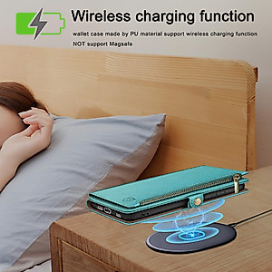 XcaseBar for Samsung Galaxy S21 FE Wallet case with Zipper Credit Card Holder【RFID Blocking】, Flip Folio Book PU Leather Phone case Shockproof Cover Women Men for Samsung S21FE case Blue Green