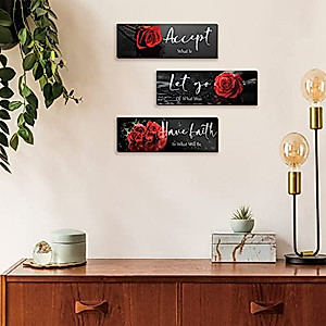 3 Pcs Red Decor Flower Inspirational Wooden Wall Art Red Roses Decor Office Wall Decor with Accept Let Go Have Faith Positive Quotes for Girl Women Bathroom Living Room Bedroom(Red Rose12 x 4 Inch)