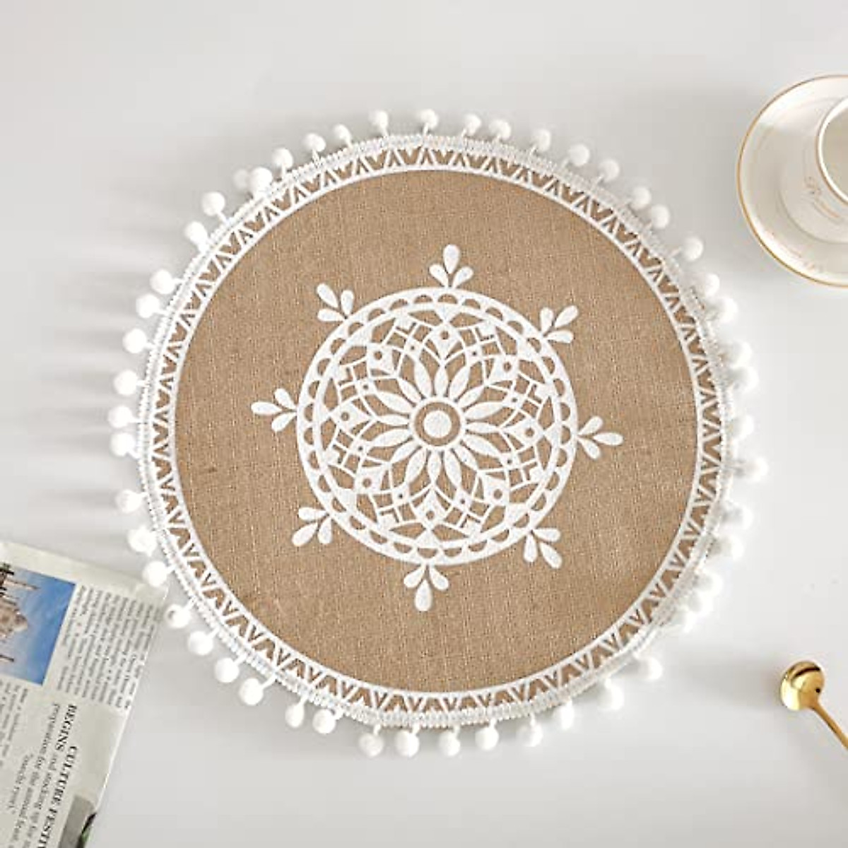 2 Pcs Boho Round Place Mats with Pompom Woven Jute Placemats Rustic Macrame Coasters for Dining Room Kitchen Table Decor Style 6