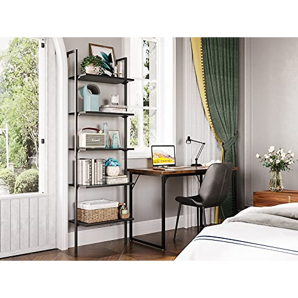 ODK 5-Tier Ladder Shelf, 74 Inches Wall Mounted Ladder Bookshelf with Metal Frame, Open Industrial Shelves for Home Office, Bedroom and Living Room, Black