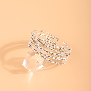 YERTTER Multi Row Layered Glitter Bracelets Cuff Bracelet Stretch Tennis Chain Rhinestone Adjustable Band Cuff Elastic Bangle 1920s Bridal Body Jewelry Accessories for Women and Girls Wedding (Cuff-3 Row Cross Silver)